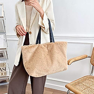 VALICLUD Large Work Tote Large Faux Fur Handbag Plush Bucket Tote Hobo Bag Oversize Fuzzy Fluffy Handle Satchel Fashion Shoulder Bag for Women Womens Laptop Tote