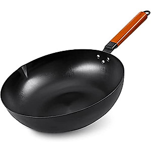 Natural Carbon Steel Wok Pan 12.5”, No Nonstick Coating Woks and Stir Fry Pans, 100% No Chemical Traditional Chinese Iron Pot with Wooden Handle, Flat Bottom for Seasoning All Stoves -Black Steel Wok