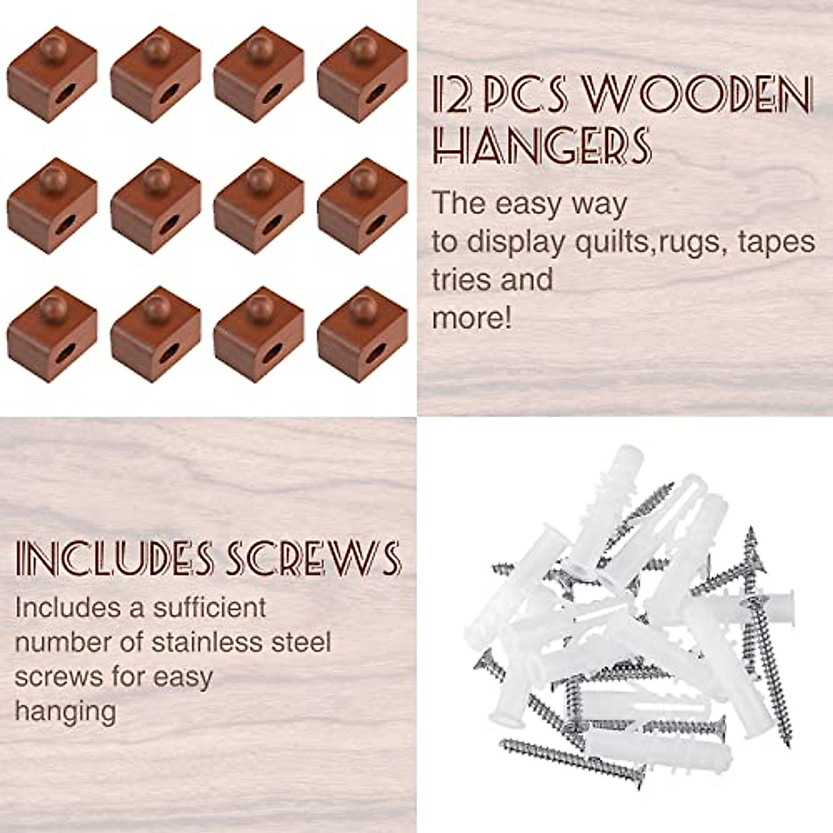 12 Pcs Quilt Wall Hangers Wooden Tapestry Hangers Wall Clips for Hanging Blanket Hanger Clamps Wall Quilt Holder with Screws and Expansion Tubes, Dark Brown