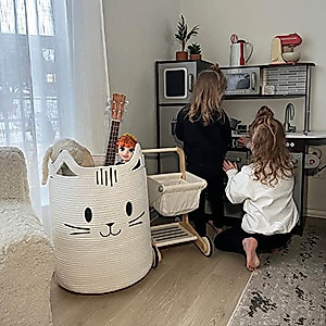 INDRESSME Cute Baby Laundry Basket, Tall Nursery Hamper for Clothes, Towels, Blankets, Kids Toy Storage Basket for Living Room, Bedroom, Cat Basket for Playroom, 16 x 20 inches, White