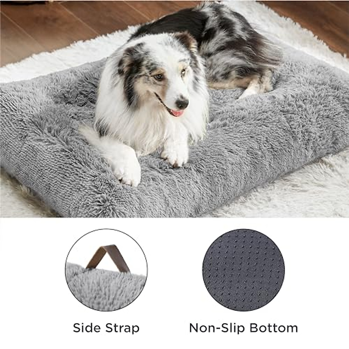 Bedsure Large Dog Bed Washable, Plush Calming Dog Crate Beds for Large Breed, Fulffy Dogs Sleeping Mat, Anti-Slip Pet Kennel Pad, 35" x 23", Grey
