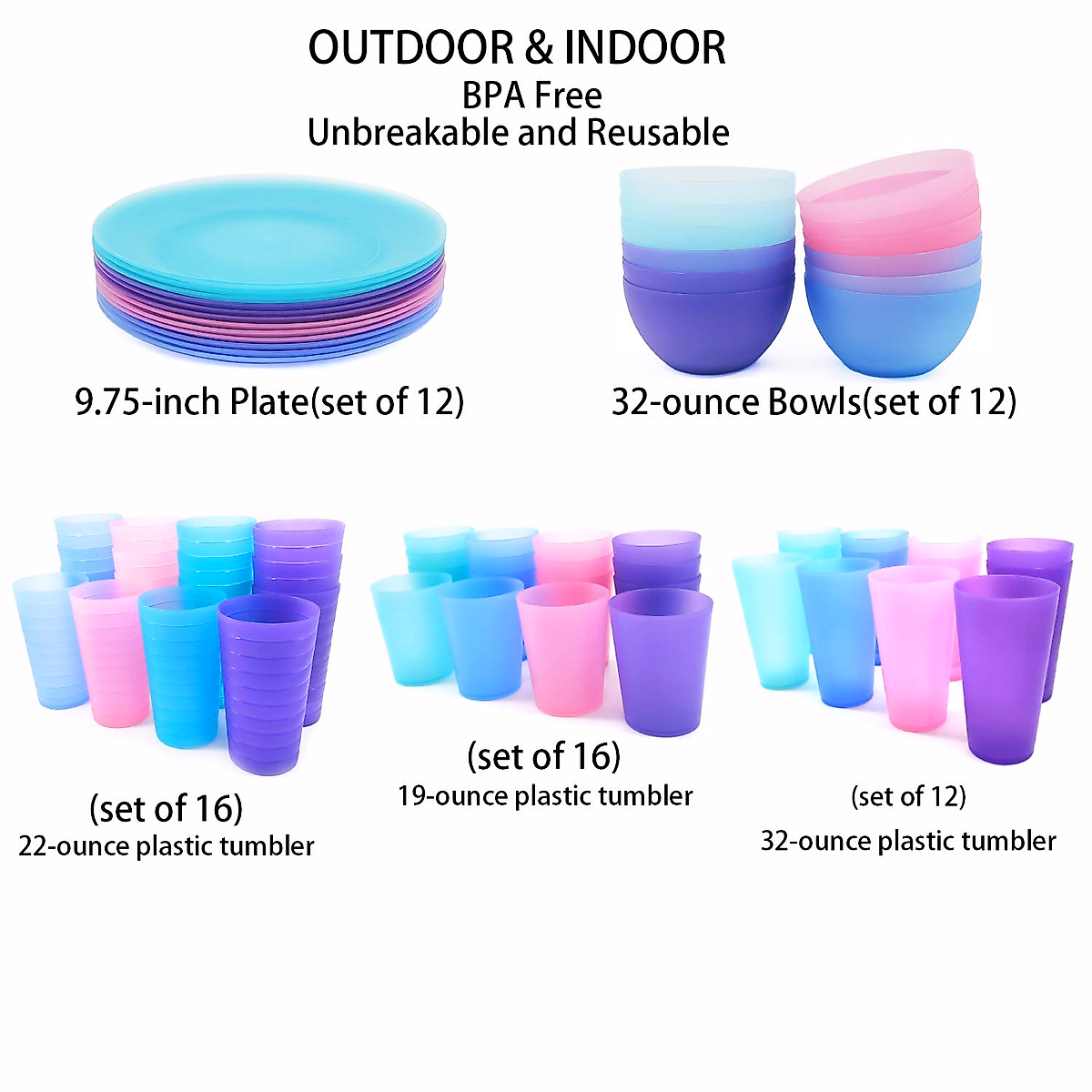 KOXIN-KARLU 10-inch Plastic Dinner Plates Reusable Plates Picnic Plates | Set of 12 in Coastal Colors