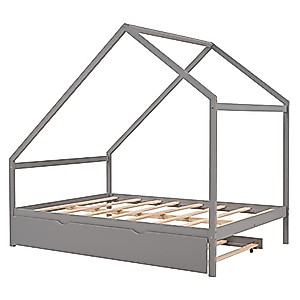 ODC Wooden House Bed Full Size Daybed with Twin Size Trundle Bed, Platform Bed with Roof, Can be Decorated, Solid Wood Bed Frame for Kids, Teen, Toddler