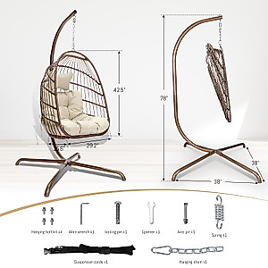 Bulexyard Swing Egg Chair with Stand Indoor Outdoor Wicker Rattan Patio Basket Hanging Chair with UV Resistant Cushions 350lbs Capacity for Bedroom Balcony Patio (Brown)