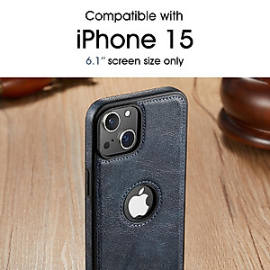 Casus Designed for iPhone 15 Case Vegan Leather Slim Logo View Classic Luxury Elegant Thin Protective Cover (2023) 6.1" (Blue)