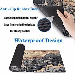 Japanese Sea Waves Large Gaming Mouse Pad,XL Mouse Pad Gaming Mouse Mat Desk Pad,31.5 x 11.8in Desk Mat Anime Mouse Pads for Desk,Extended Keyboard Pad Mousepad with Non-Slip Base and Stitched Edge