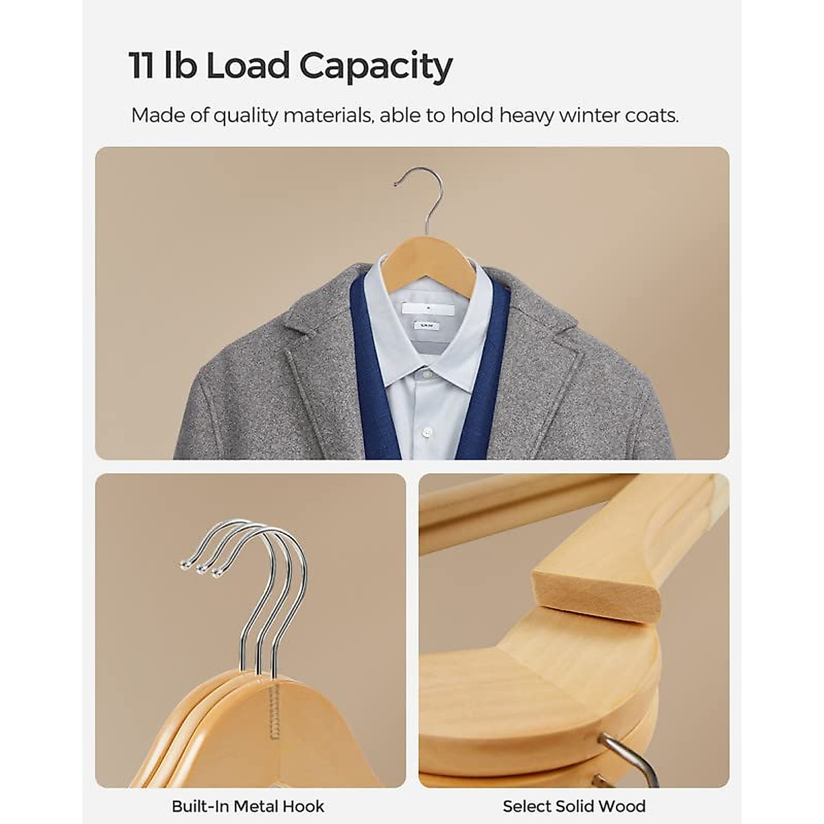 SONGMICS Velvet Wooden Hangers, Set of 20 Wooden Hangers with Velvet Surface, Non-Slip Coat Hangers with Shoulder Grooves, Pants Bar, 360° Swivel Hook, for Jackets Shirts, Natural UCRW012N02