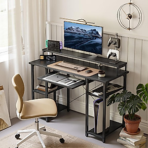 CubiCubi Computer Desk with Keyboard Tray, 47 Inch Office Desk with Monitor Stand and Storage Shelves, Music Studio Desk Workstation, Work Table for Home Office, Black