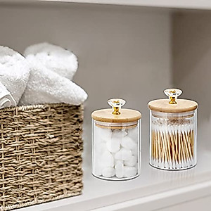 Bathroom Organizer with Bamboo Lids,Apothecary Jars Qtip Holder Storage Canister Clear Glass bathroom jars Cotton Ball Holder for Cotton Rounds,Pads, Floss,Cotton Swab(3 pieces)