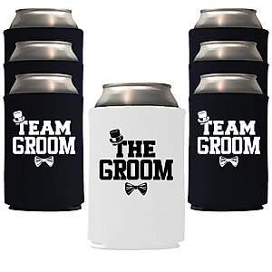 Veracco The Groom and Team Groom Can Coolie Holder Bachelor Party Wedding Favors Gift For Groom Groomsmans Proposal (White Groom, Black TG, 12)