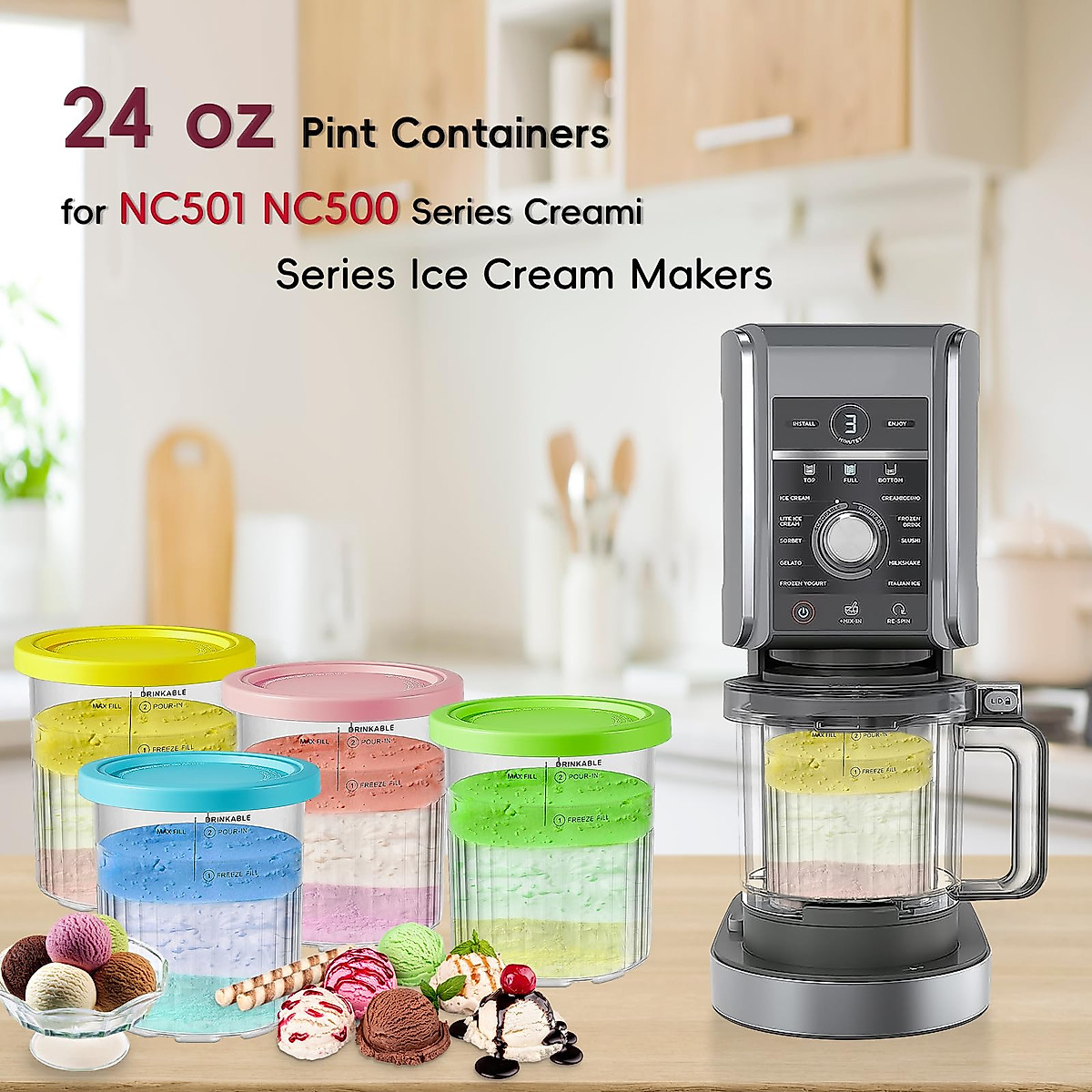 Creami Pints and Lids - 4 pack for Ninja Creami Deluxe 11-in-1, 24oz Ice Cream Containers Cups Compatible with NC500 NC501 Series Ice Cream Maker, Replacement Pints Containers Dishwasher Safe BPA-Free