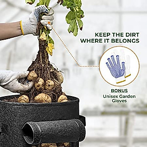 La Main Verte Potato Grow Bags with Flap - [ 4 Pack ] 10 & 7 Gallon Fabric Pots with Handles [ Bonus ] Garden Gloves