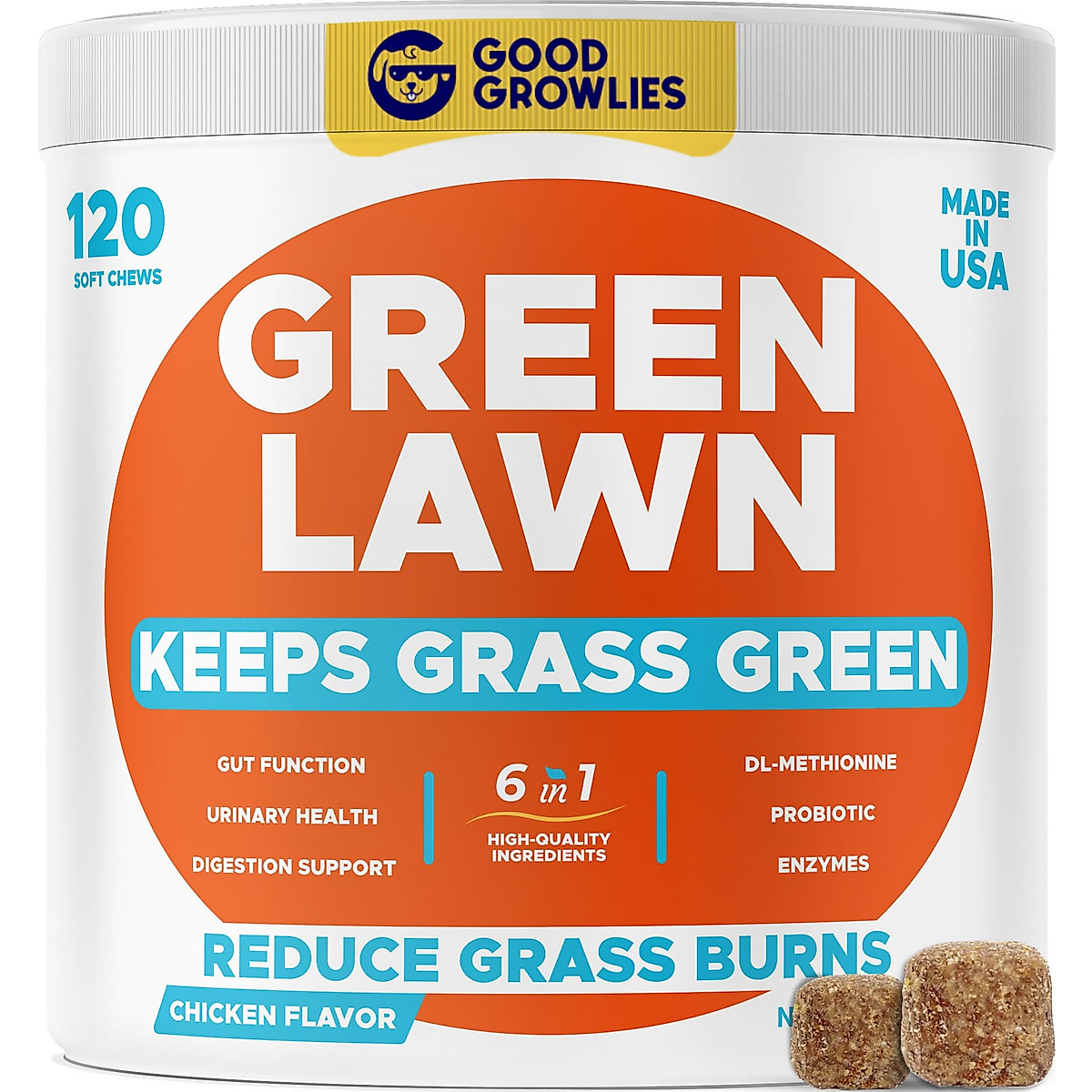 GOODGROWLIES Grass Burn Spot Chews for Dogs - Pee Lawn Spot Saver - Natural Urine Neutralizer for Grass Burn Spots - Dog Pee Lawn Repair - w DL-Methionine - 120 Ct