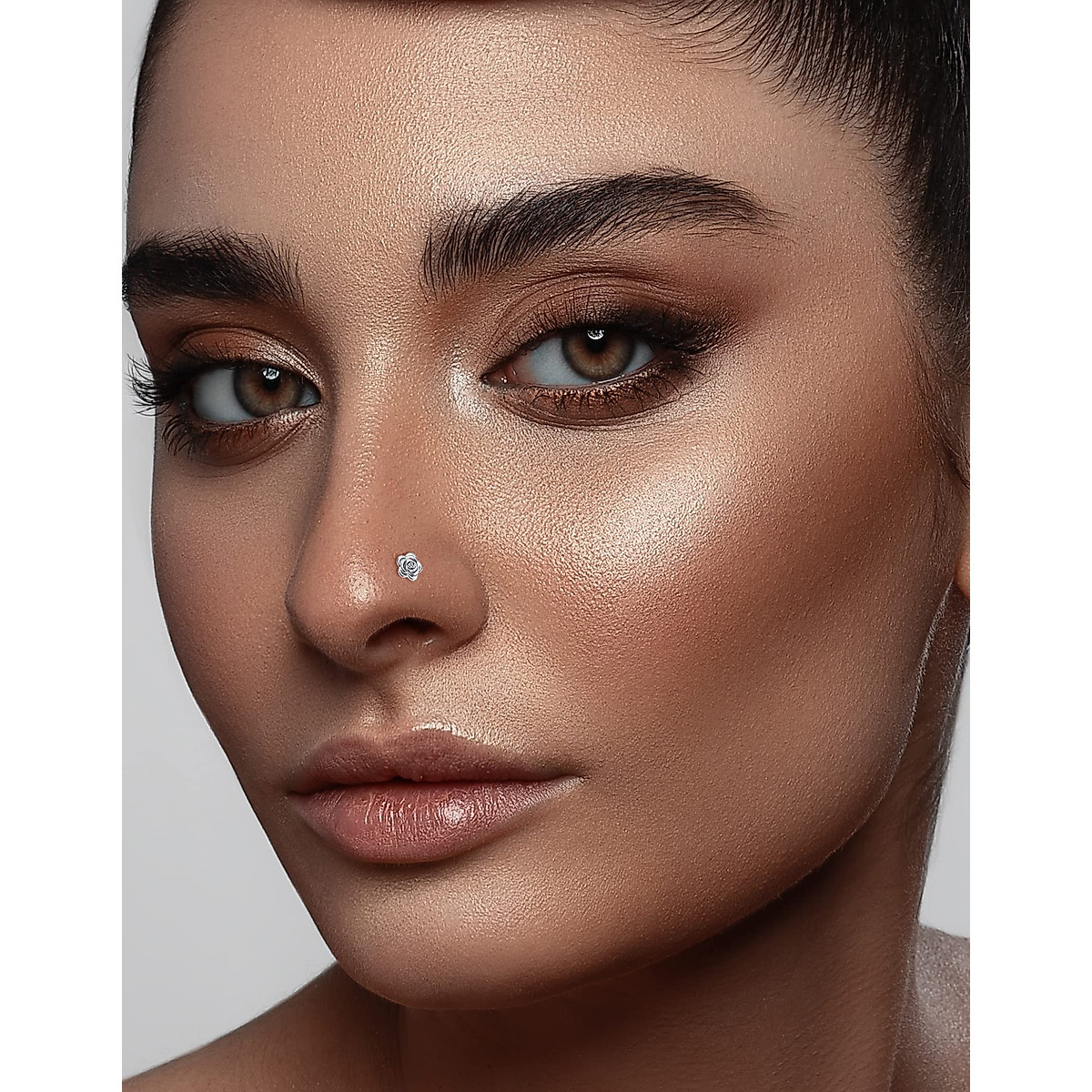 Akeoqi 12Pcs Nose Stud L Shape Nose Rings Cubic Zirconia Butterfly Flower Eye Moon Heart Crown Lightning Piercing Jewelry for Women Men 20G Silver Tone