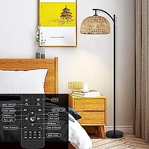 QIYIZM Floor Lamp for Living Room Bedroom Farmhouse Rattan Standing Lamp with Control,Wicker Black Industrial Dimmable Floor Light Rustic Adjustable Tall Lamp,Boho Bamboo Lamp Shade Floor Lamps