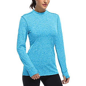 Fulbelle Thermal Fleece Lined Workout Warm Shirts Women, Mock Neck Thumb Holes Running Tops,Long Sleeve Ladies Exercise Athletic Running Gym Fitness Yoga Sweatshirts Winter Clothes Blue X-Large