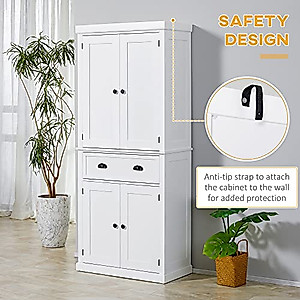 HOMCOM 72" Traditional Freestanding Kitchen Pantry Cupboard with 2 Cabinet, Drawer and Adjustable Shelves, White