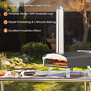 Mimiuo Portable Wood Pellet Pizza Oven with 13" Pizza Stone & Foldable Pizza Peel - Wood-Fired Pizza Oven for Outdoor Cooking - Finished with Black Coating (Classic W-Oven Series)