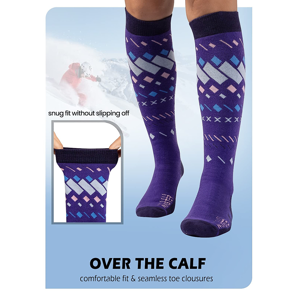 OutdoorMaster Unisex Ski Socks,Skiing and Snowboarding Socks for Men & Women with Over the Calf Design/Non-Slip Cuff