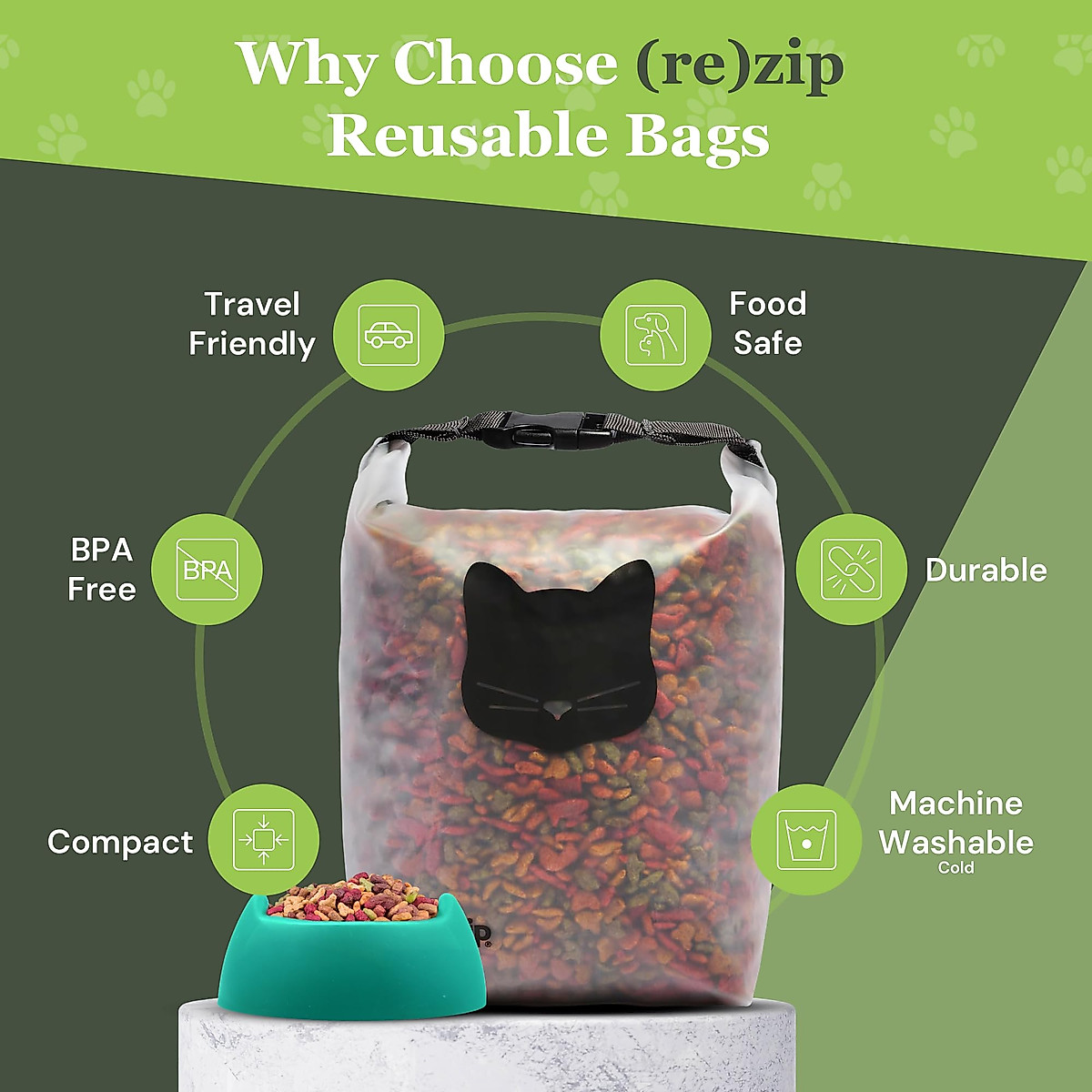 (re)zip Reusable Cat Pet Food Storage Bag | 14-Cup Capacity | Airtight Roll-Top Closure | Durable, BPA-Free PEVA | Translucent & Travel-Friendly | Keeps Kibble Fresh & Organized | Machine Washable