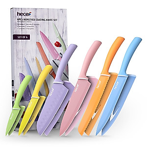 hecef Colorful Knife Set, 6 Pieces Kitchen Knife Set with Covers, Stainless Steel Colour Coded Non-Stick Cooking Knife Set Including Paring, Utility, Bread, Carving, Santoku & Chef Knife