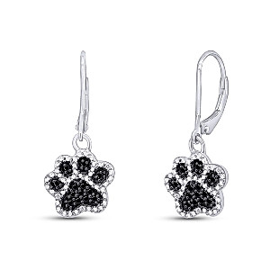 Black & White Natural Diamond Paw Print Dangle Earrings In 14K White Gold Over Sterling Silver (1/6 Ct)