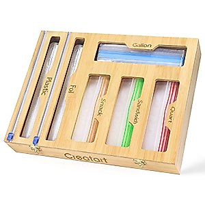 Creatart Bamboo Foil and Plastic Wrap Dispenser with Cutter 6 in 1 Ziplock Bag Storage Organizer for Drawer 12" Food Storage Bag Organizer for Gallon, Quart, Sandwich and Snack