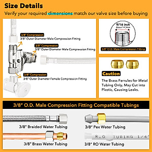 3/8" Brass Compression Angle Stop Valve, Water Line Splitter Connector Tee for Dishwasher, Commercial Sink Faucet, and Water Supply Line