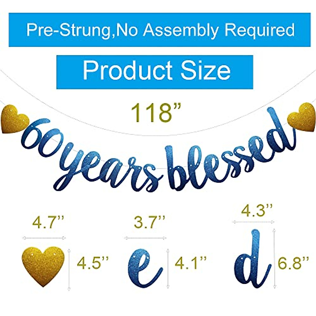 60 Years Blessed Banner, Blue Glitter Paper Garlands for 60th Birthday / Wedding Anniversary Party Decorations Supplies,Pre-Strung, No Assembly Required,(Blue)SUNbetterland