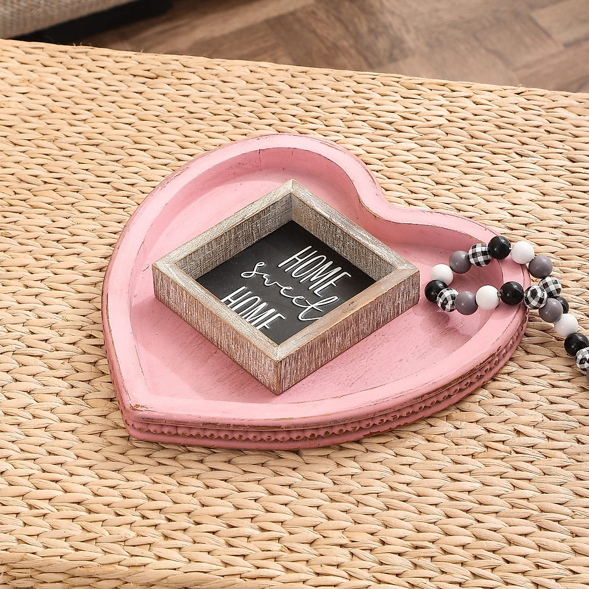 FESTWIND Heart Shaped Decorative Tray, Wooden Tray for Decor Coffee Table Dinning Table, Kitchen Island Decor Centerpiece, Farmhouse Tray Beaded Distressed Pink