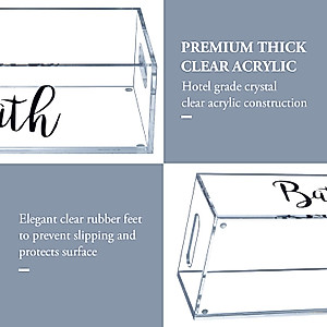 MyGift Hotel Series Premium Clear Acrylic Bathroom Storage Container Bin Tray with Cutout Handles and Cursive Bath Decoration for Countertop or Cabinet Organization