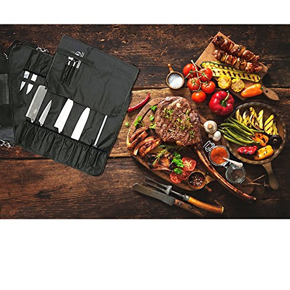 HERSENT Knife Roll, Chef Knife Roll Bag With 17 Slots Can Holds13 Knives,1 Meat Cleaver, And 3 Utensil Pockets,Durable Knife Case With Handle, Shoulder Strap & Zippered Mesh Pocket Holder