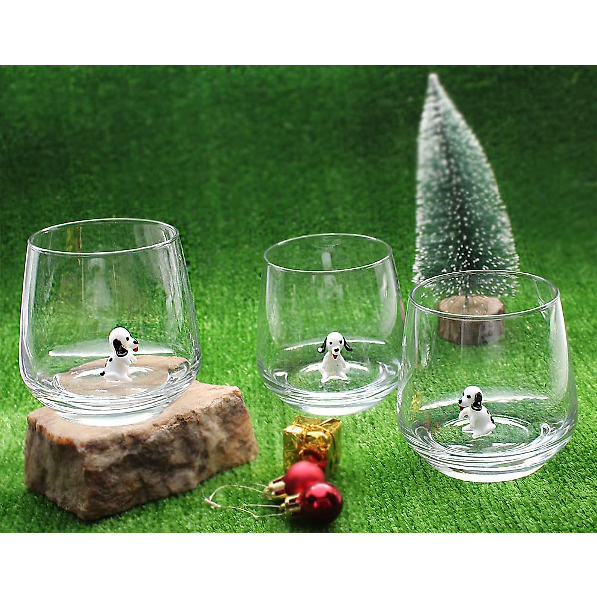 HeguSun Drinking Glass With Figurine Inside, Handmade Murano Glass Figures inside Stemless Glass for Wine, Cold Drinks and Beverages, 12 oz (Dalmatian)