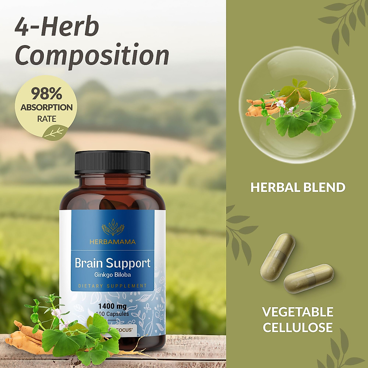 HERBAMAMA Brain Support Capsules - 1400mg Energy and Brain Support Supplement for Adults with Bacopa, Panax Ginseng and Ginkgo Biloba - Vegan, Non-GMO Focus Supplement, 100 Caps