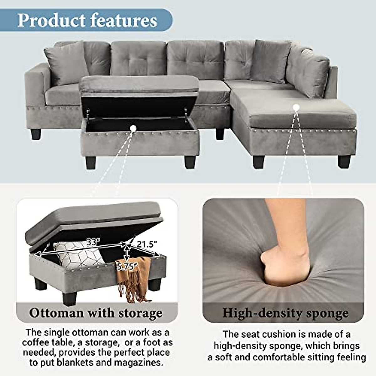 Eafurn L Shaped Sectional Reversible Chaise and Drop Down Table & Cupholders, Upholstery Corner Storage Ottoman, Tufted Convertible Sofa & Couch for Living Room Furniture Set, Gray 104.5"