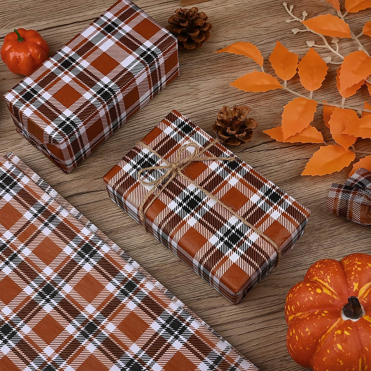 Bolsome 100 Sheets 20 * 14 Inches Brown Buffalo Plaid Gift Wrapping Paper Vintage Fall Tissue Paper for Gift Bags Rustic Art Tissue Paper for Birthday Thanksgiving Day Autumn Holidays Party DIY Craft