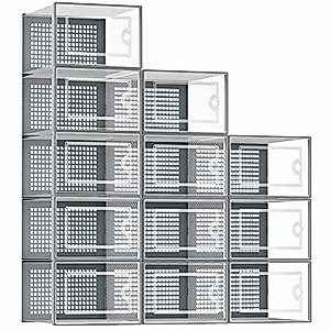 Kuject Shoe Organizer Storage Boxes for Closet 12 Packs Dark Grey, Slot-Lock Design Stackable Clear Plastic Shoe Storage Bins, Shoe Storage Containers for Entryway, Closet Floor, Drop Front