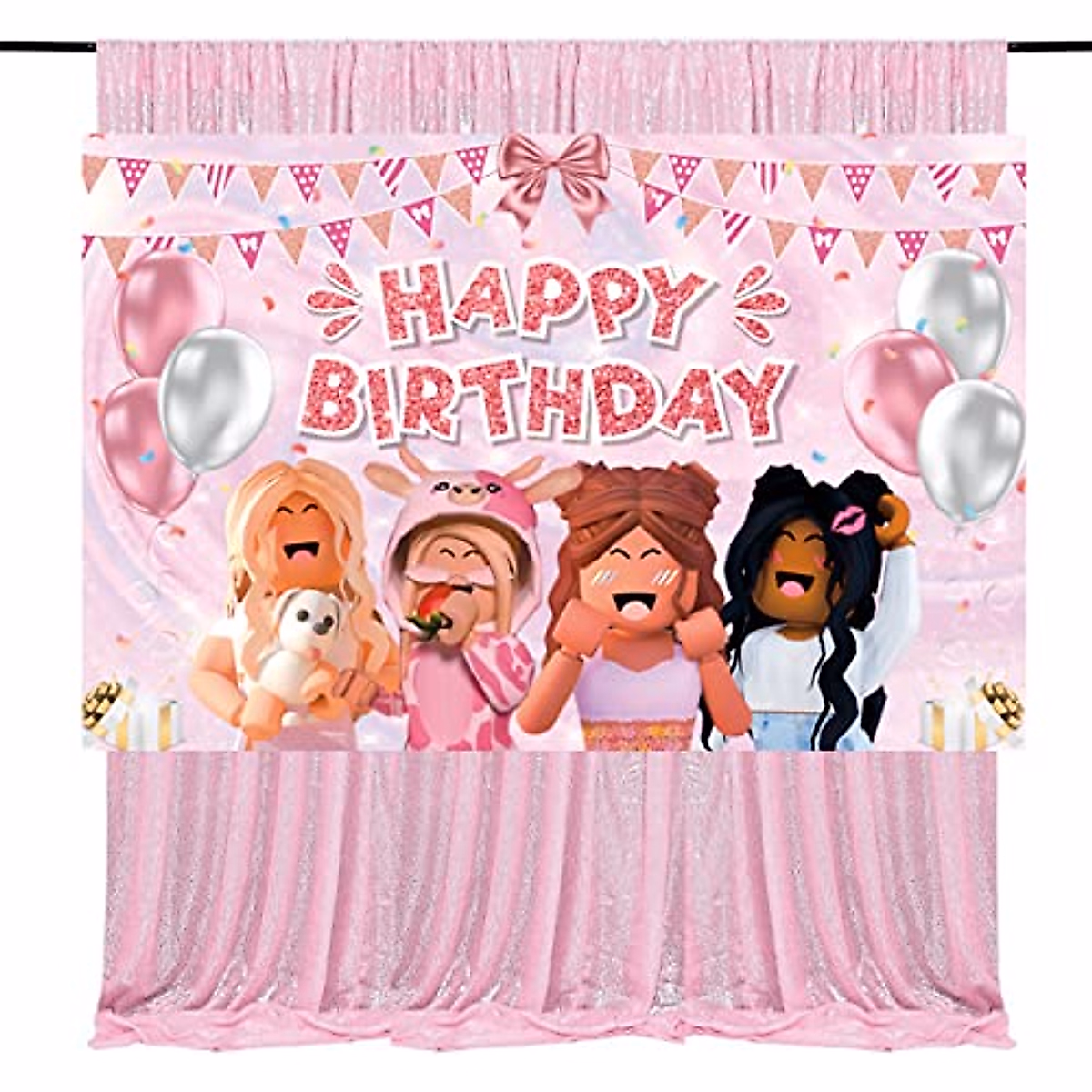 AICHENGZI Girl Game Party Birthday Banner,Sandbox Game Party Supplies Decorations Pink Girl Robot Blocks Backdrop (6FTx4FT)