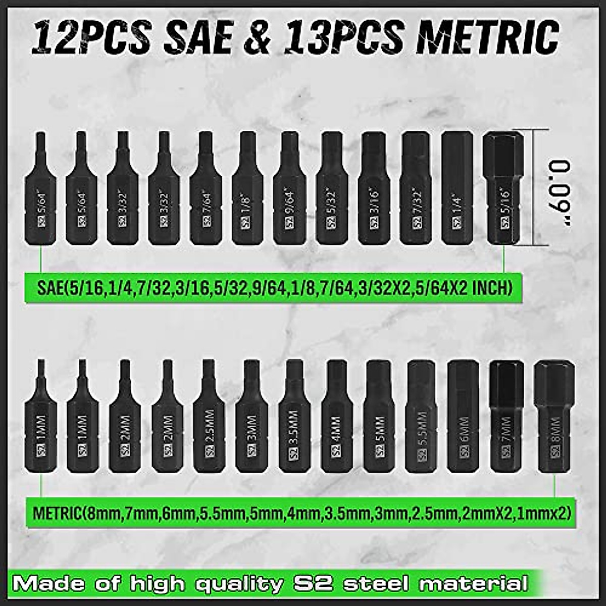 SWANLAKE 26-Piece Hex Head Allen Wrench Drill Bit Set, 1/4Hex Shank Quick Change Bit Holder, Metric and SAE S2 Steel Hex Bits Set