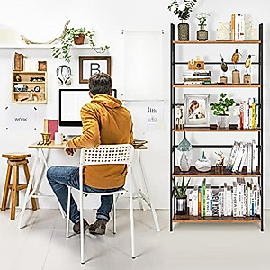 SpringSun 5 Tier Bookshelf Industrial Ladder Shelf Open Display Storage Rack Wood Bookcase with Metal Frame, Freestanding Storage Shelves for Home Office, Living Room, Bedroom, Kitchen