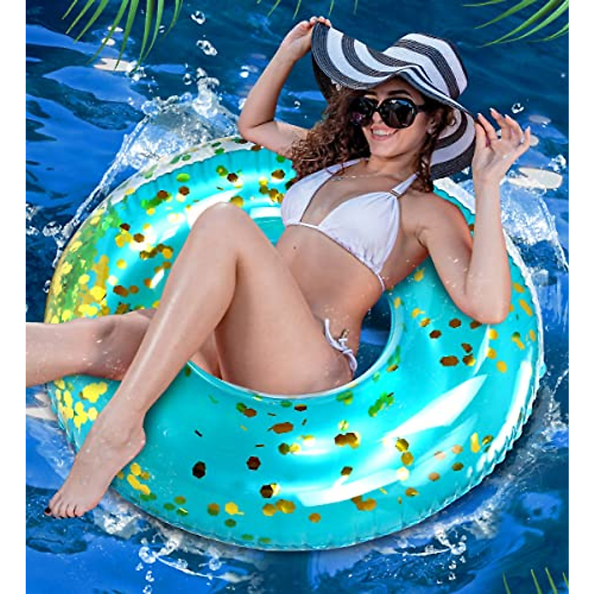 CoTa Global Inflatable Blue Gold Pool Float Tube - Luxurious Fun Lounger Filled with Sparkle Gold Confetti, Cool Blue Gold Design, Water Swimming Ring Pool Floaties for Beach and Pool - 36 Inches