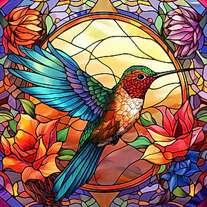 Hummingbird Diamond Painting Kits for Adults - Stained Glass Diamond Art Kits for Adults Beginner, DIY Full Drill Diamond Dots Paintings with Diamonds 5D Gem Art and Crafts Home Wall Decor 14x14inch