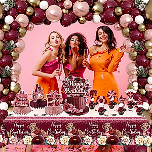 Cocomigo 134pcs Burgundy Birthday Decorations, Women Birthday Decorations Floral Birthday Balloons Arch Backdrop Tablecloth Honeycomb Centerpiece Cake Topper Burgundy Flower Birthday Decoration