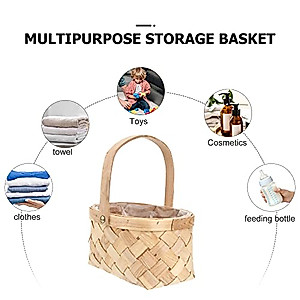 VICASKY Portable Basket Handmade Rattan Storage Basket Container Houseware Storage Basket Wooden Woven Storage Case with Handle (Small)