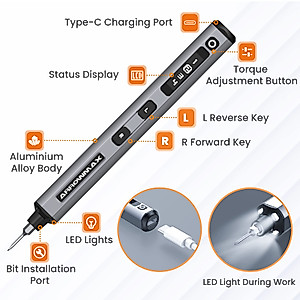 AM ARROWMAX Electric Screwdriver, Precision Screwdriver w/ 34 Magnetic Bits, 4 Torque Settings, Red Dot, IF Winning Design, Rechargeable Mini Cordless Power Screwdriver for Phone, Laptop, Camera, Gray