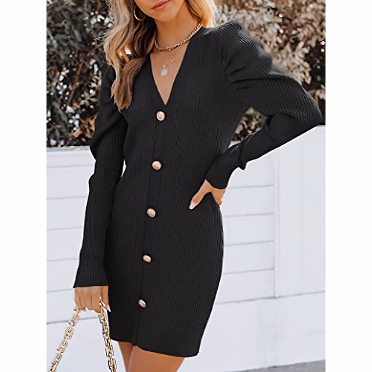 ANRABESS Women's Puff Long Sleeve V Neck Buttons Ribbed Knit Slim Fit Pullover Sweater Bodycon Mini Dress 581heise-S Black