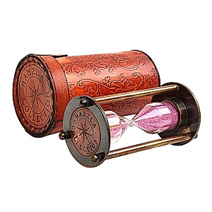 Hanzla Collection 1 Minute Decorative Nautical Vintage Brass Sand Timer with Engraved Leather Case Home Décor, Small Kitchen Sand Clock, Metal Hour Glass Sand Glass for Office Desk