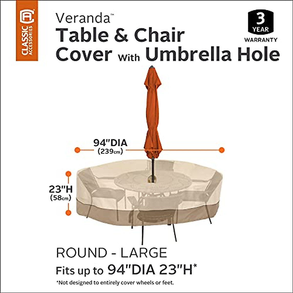 Classic Accessories Veranda Water-Resistant 94 Inch Round Patio Table & Chair Set Cover with Umbrella Hole, Outdoor Table Cover