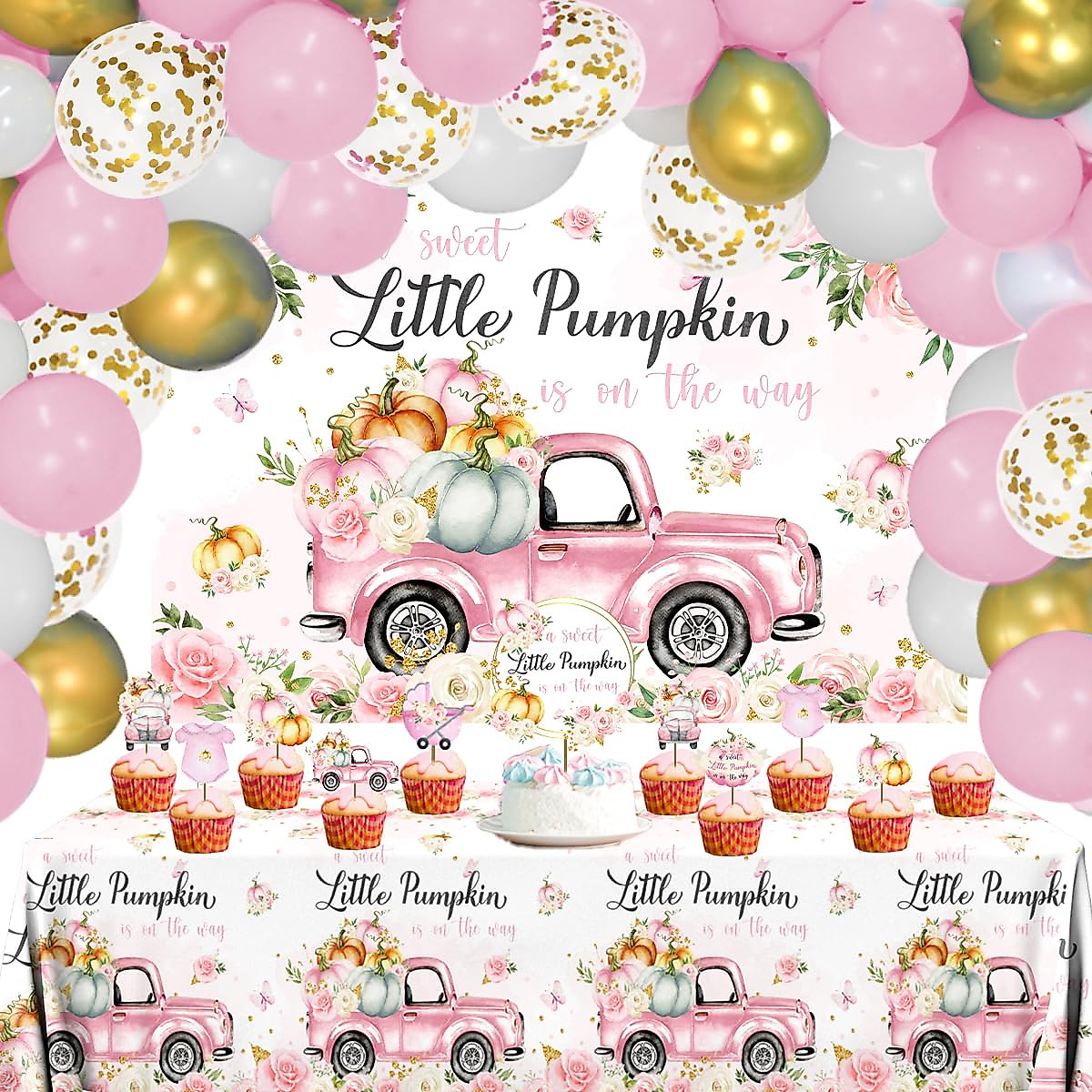 Little Pumpkin Baby Shower Decorations for Girl|, A Sweet Little Pumpkin Is on the Way Pink Backdrop Balloon Garland Kit for Fall Autumn Thanksgiving Baby Shower Background Party Supplies