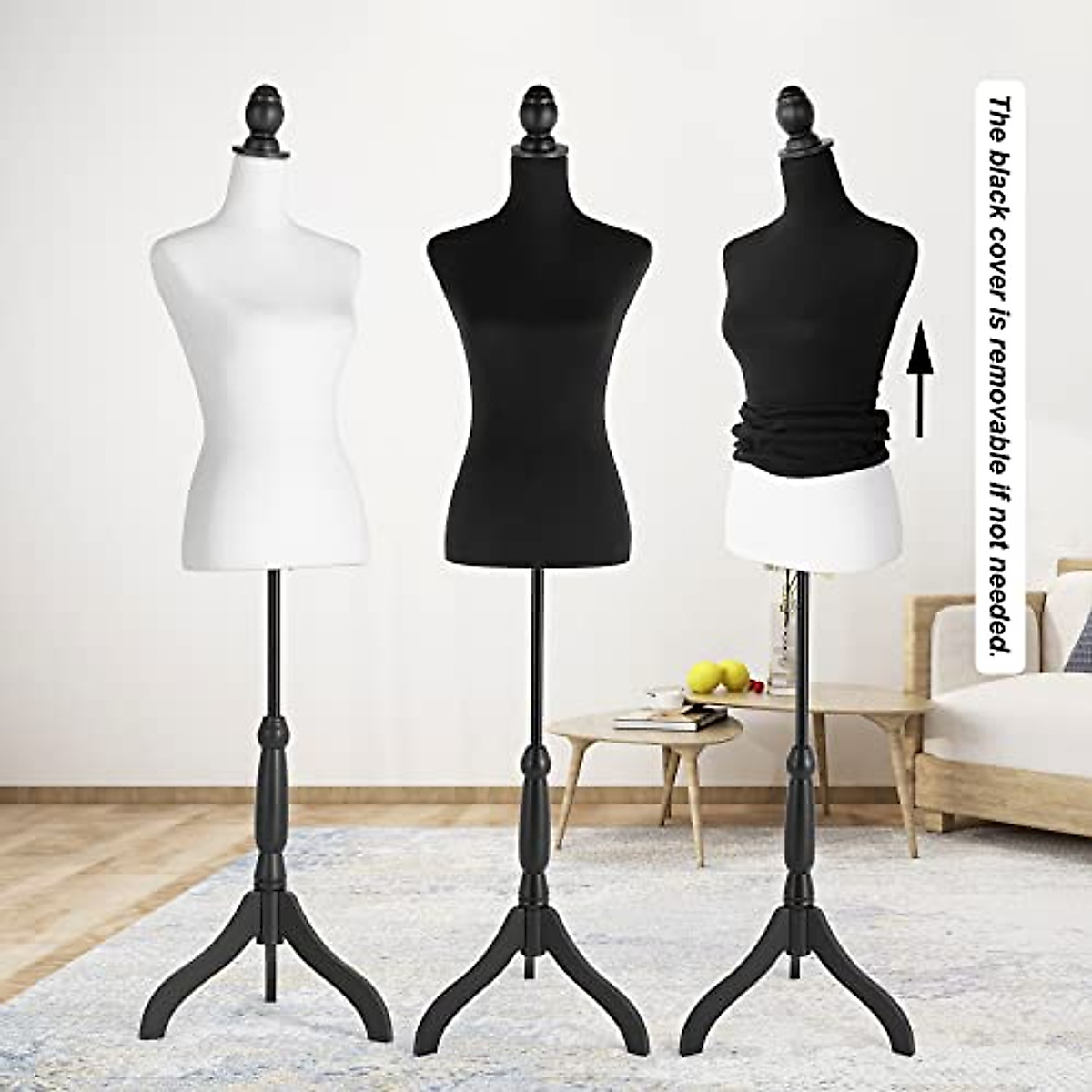 Female Mannequin Torso with Adjustable Tripod Stand, 2 in 1 Dress Form White Mannequin Body w/ Detachable Black Torso Cover for Sewing, Dressmaker, Home Decor, Jewelry & Clothing Display
